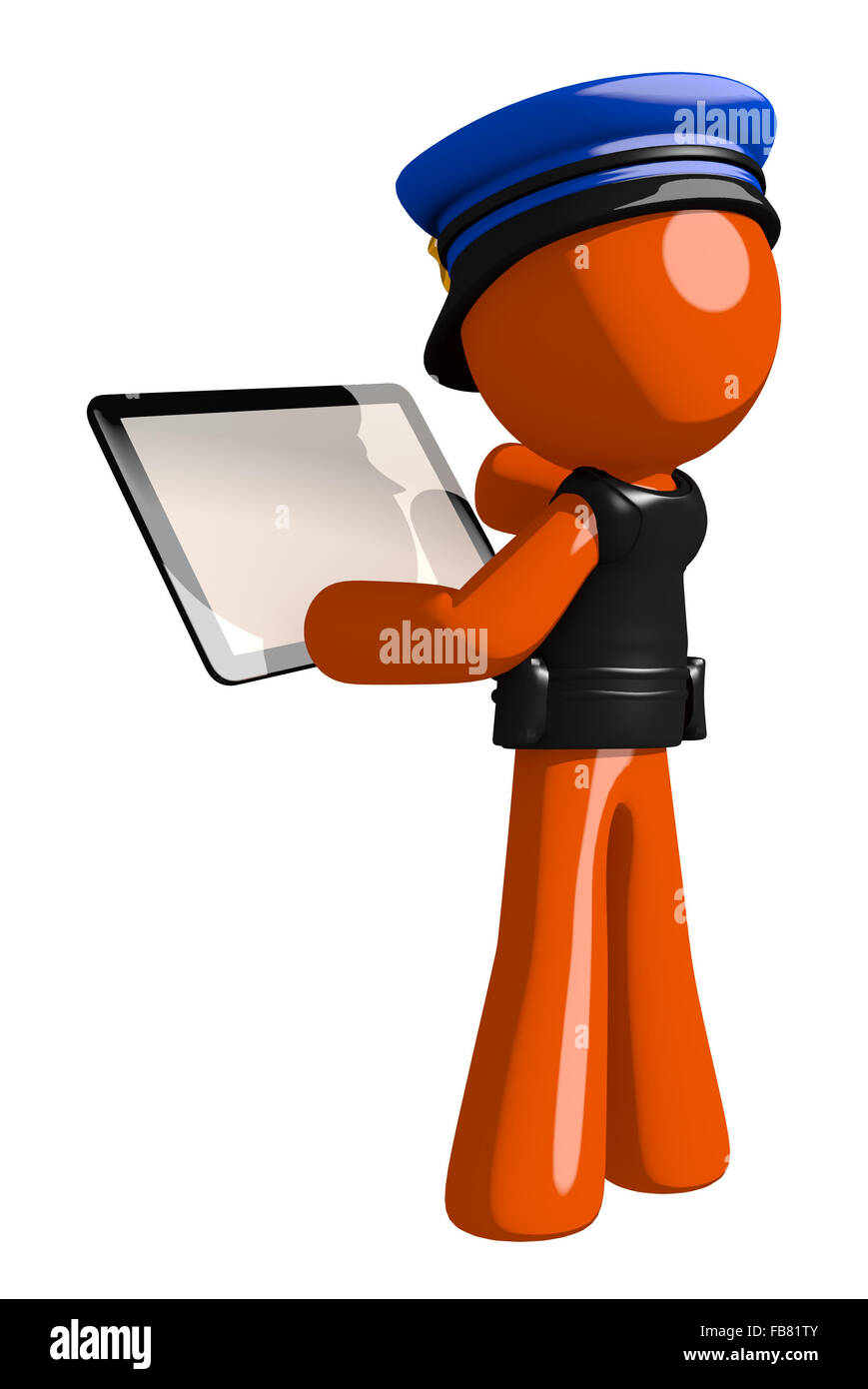 Orange man police officer viewing tablet computer back view blank space ...