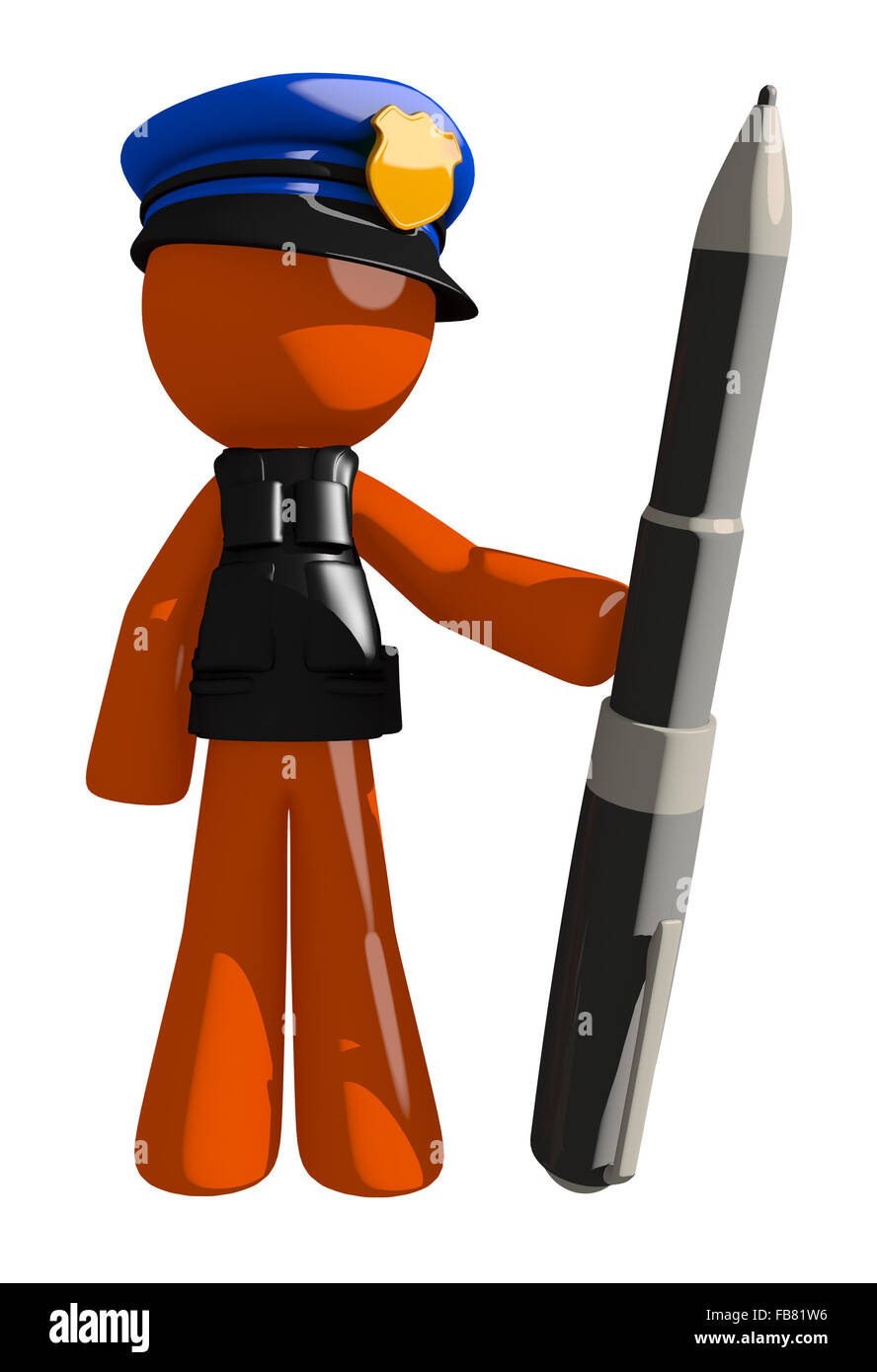 Orange man police officer holding giant pen Stock Photo - Alamy