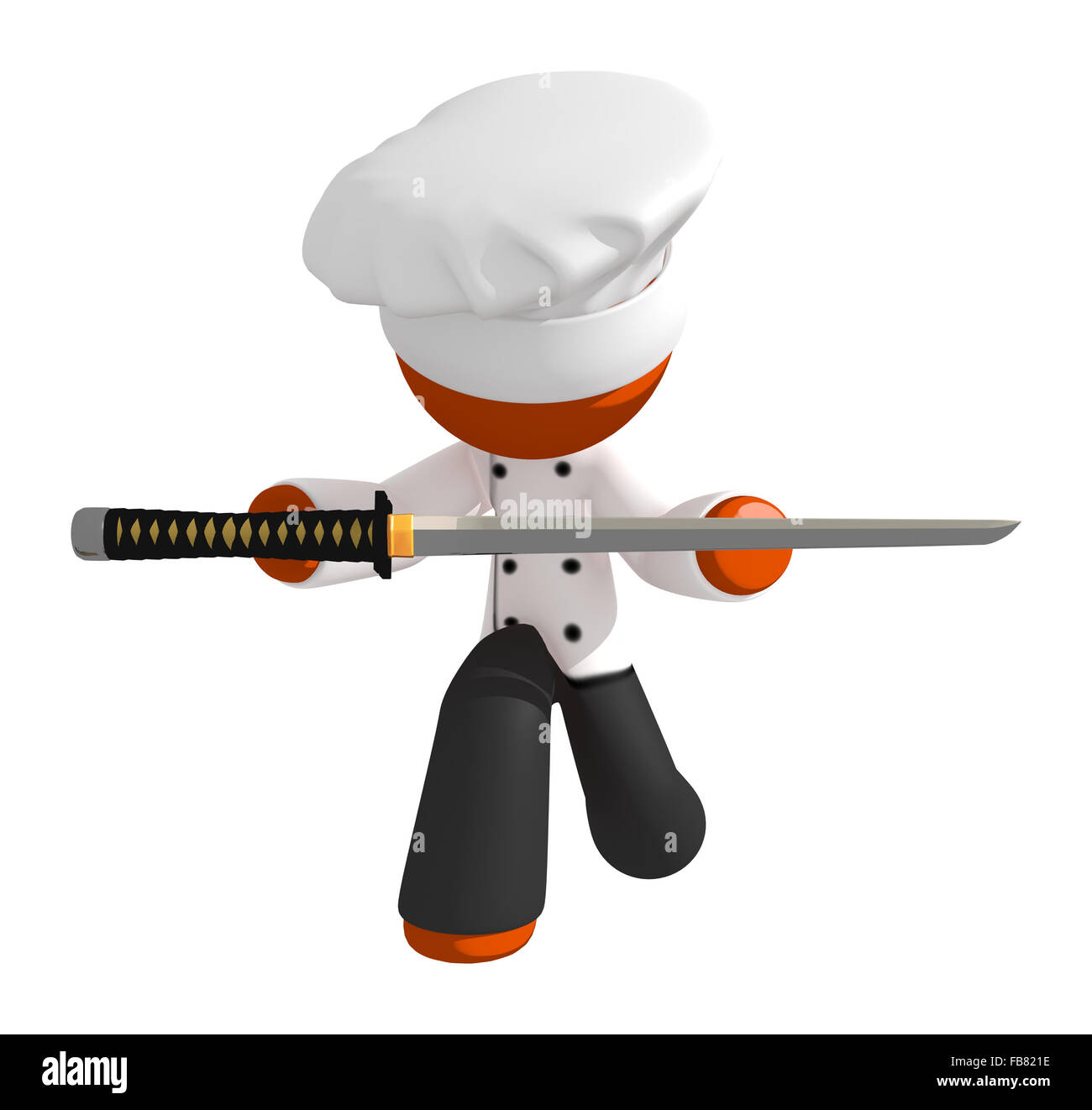 Orange man chef bowing presenting ninja sword as trophy in a food ...