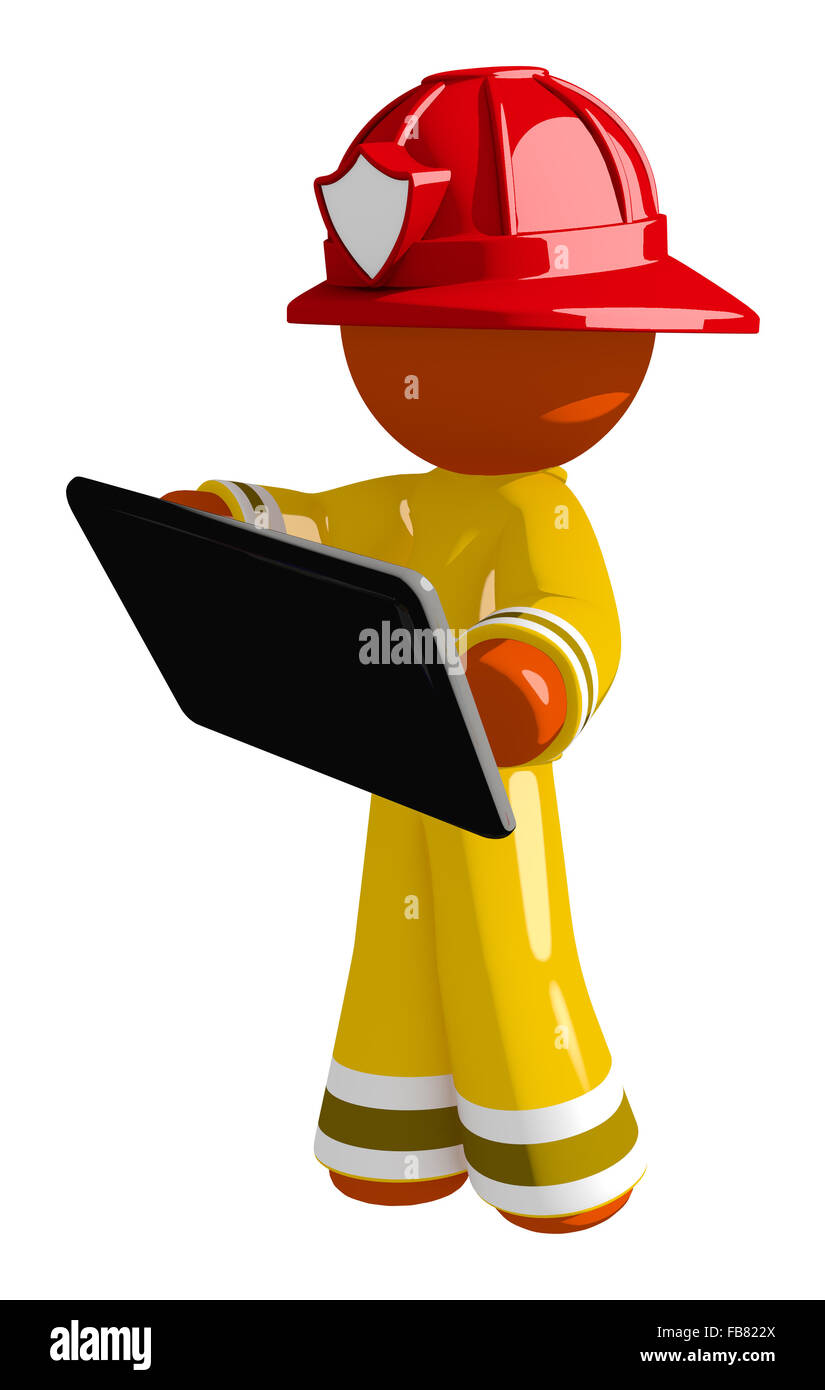 Orange man firefighter with tablet Stock Photo - Alamy