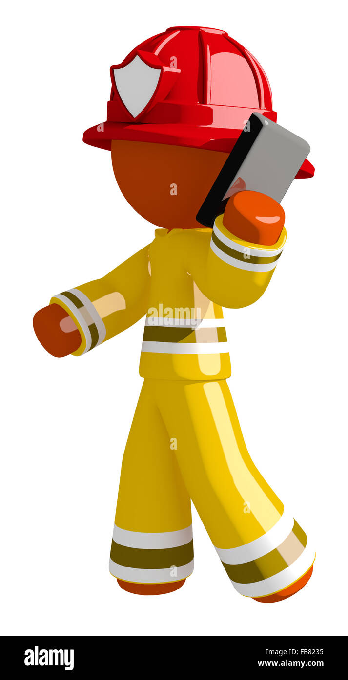 Orange man firefighter using phone and walking Stock Photo - Alamy