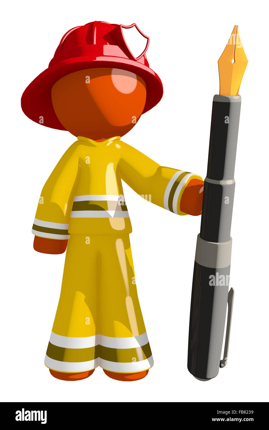 Orange man firefighter holding large fountain pen Stock Photo - Alamy