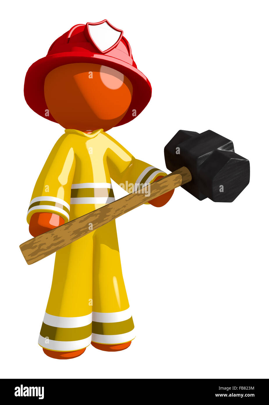 Orange man firefighter holding sledge hammer Stock Photo - Alamy