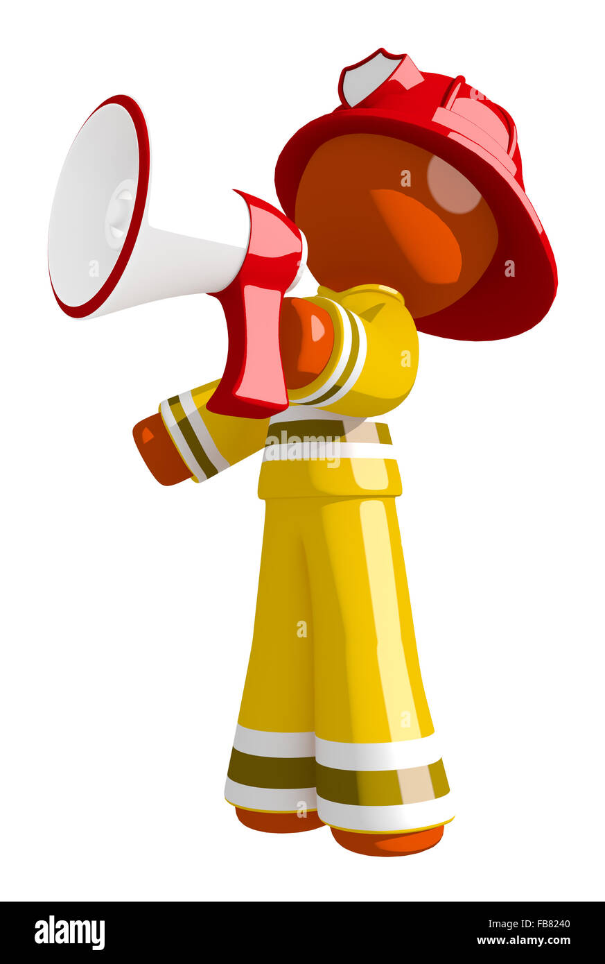 Orange man firefighter announcing through megaphone Stock Photo - Alamy