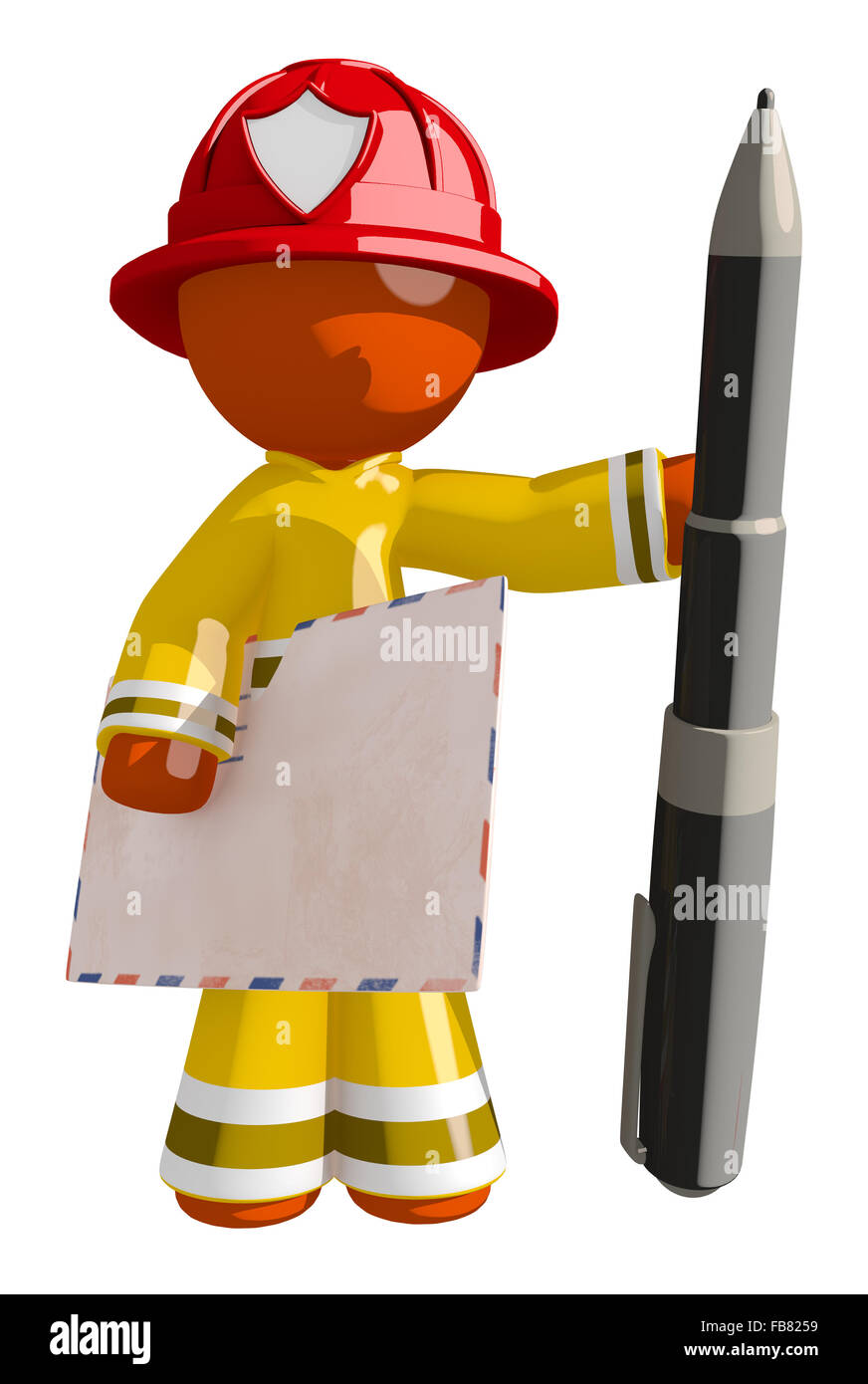 Orange man firefighter with envelope and giant pen Stock Photo - Alamy