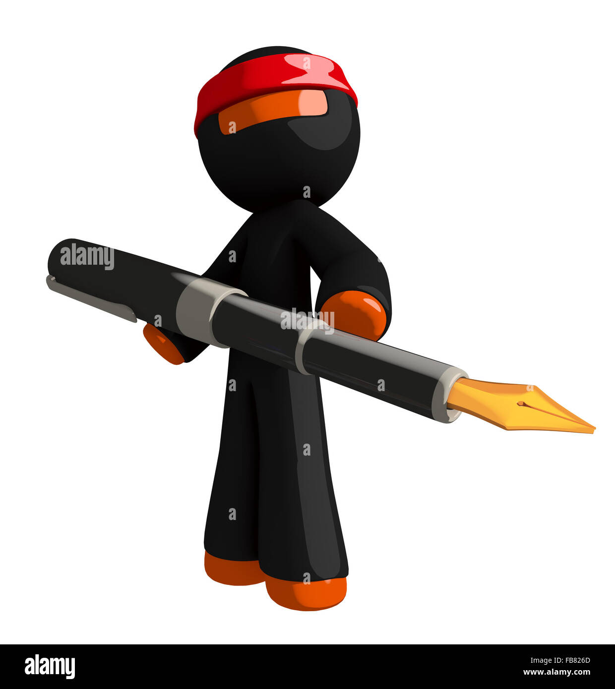 Orange man ninja warrior writing with giant fountain pen Stock Photo ...