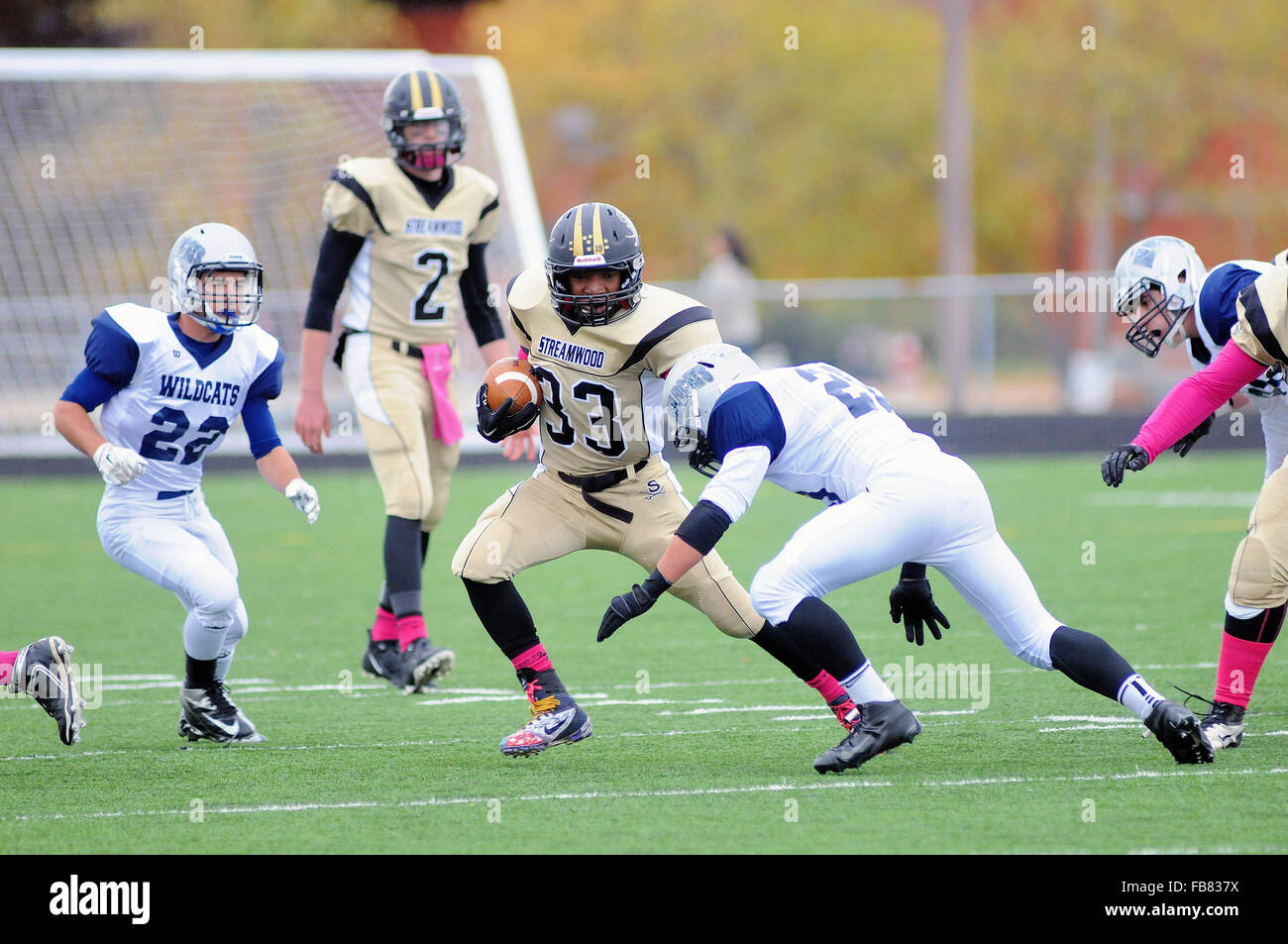 High school running back makes a cut near the line of scrimmage to ...