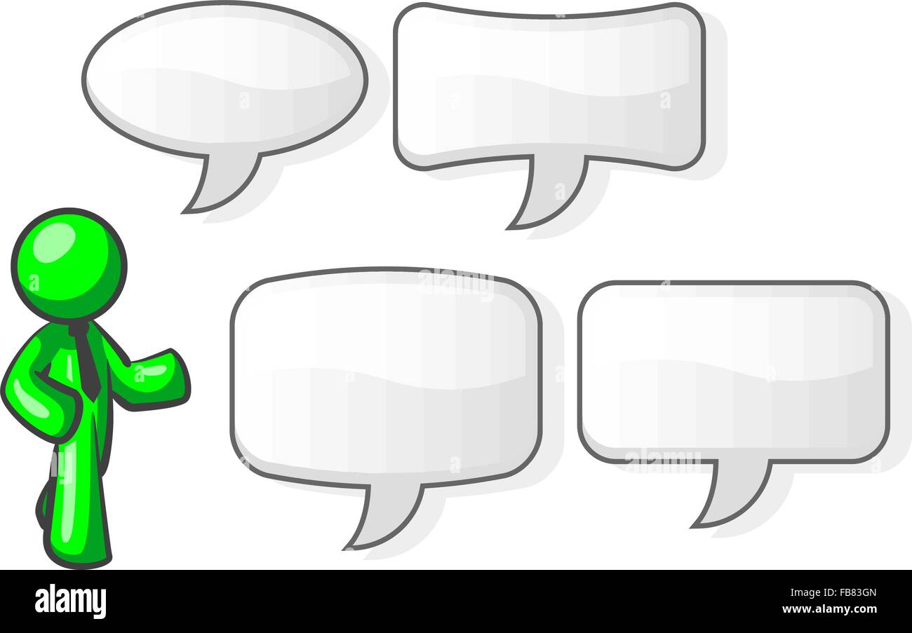 A green man in a speaking pose with four word bubbles to choose from to ...