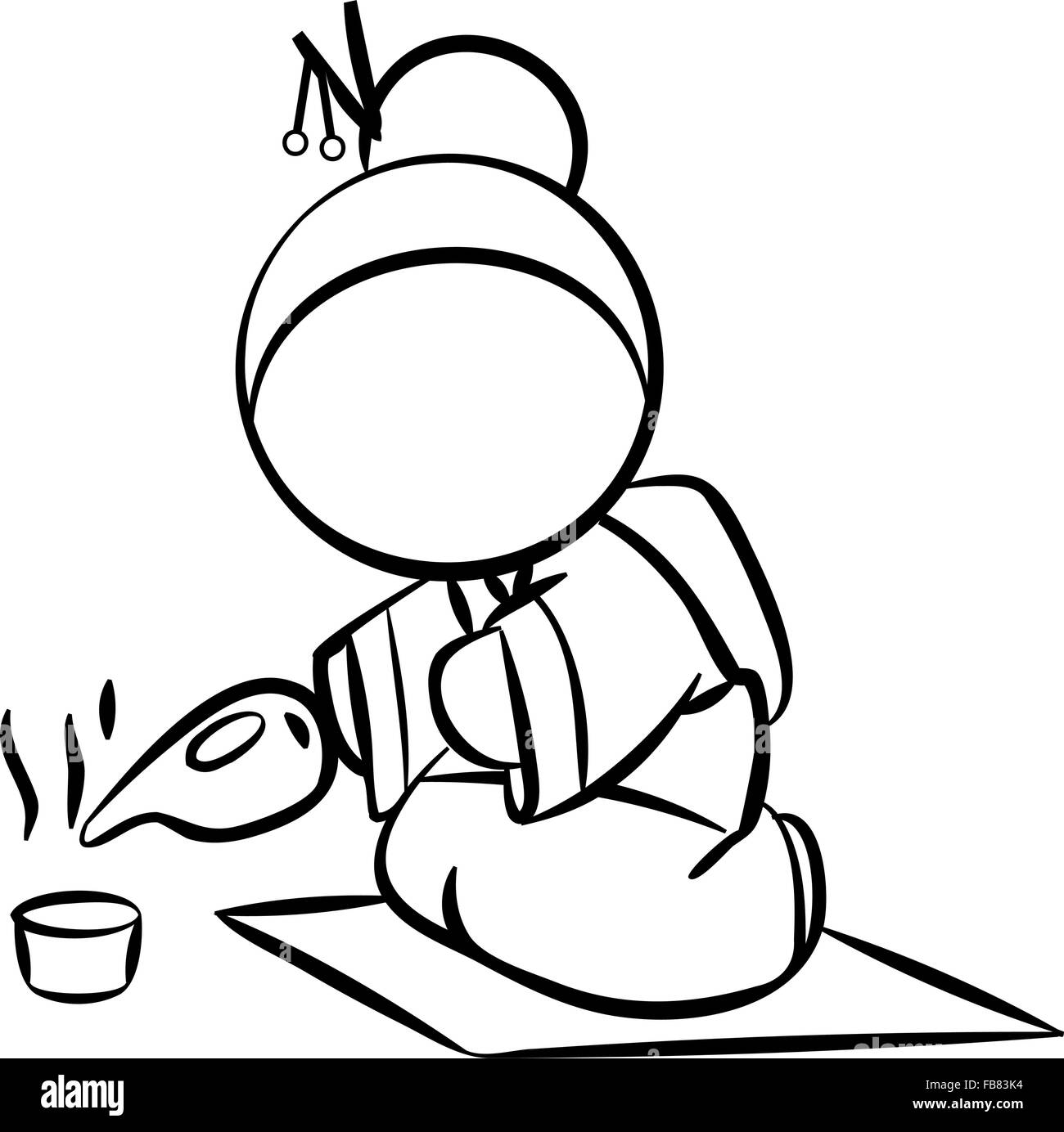 Line drawing of japanese woman pouring tea into a small cup Stock ...