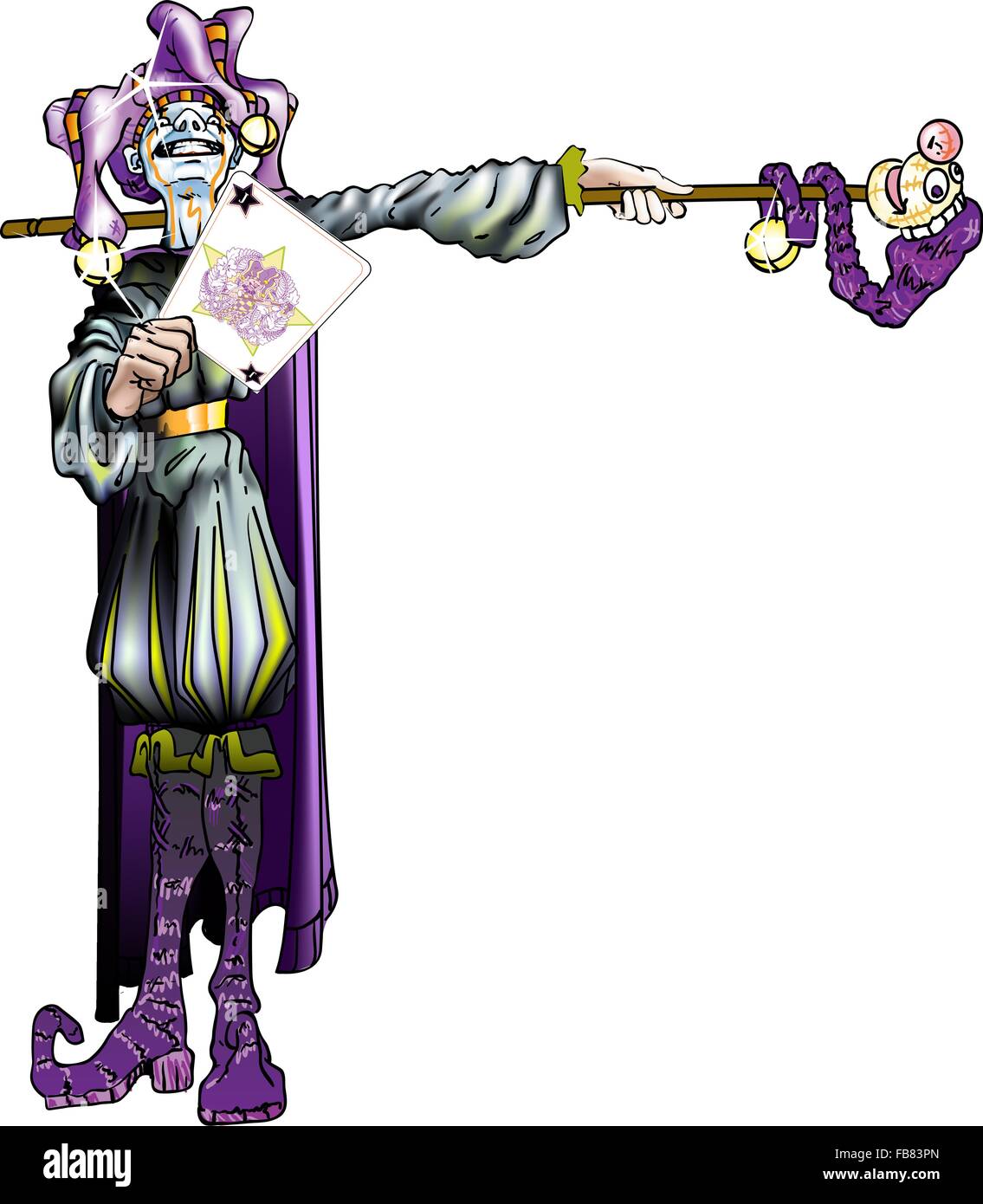 A vector illustration of a jester holding a joker card on a white ...