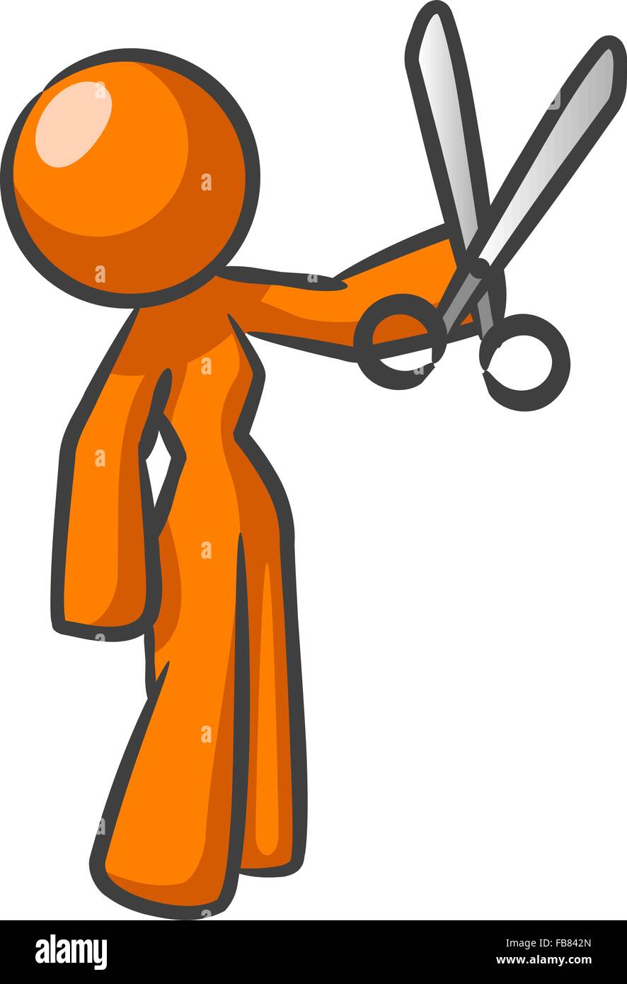 An orange woman with scissors presumably ready to cut something Stock ...