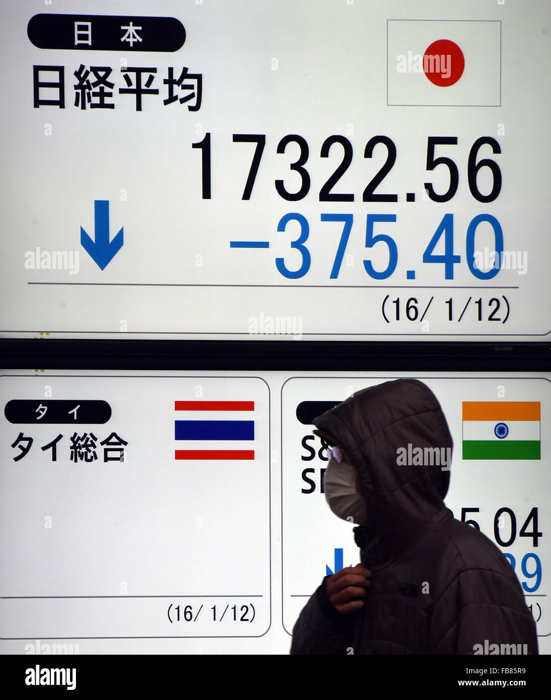 Tokyo, Japan. 12th Jan, 2016. Japanese stocks tumble more than two ...