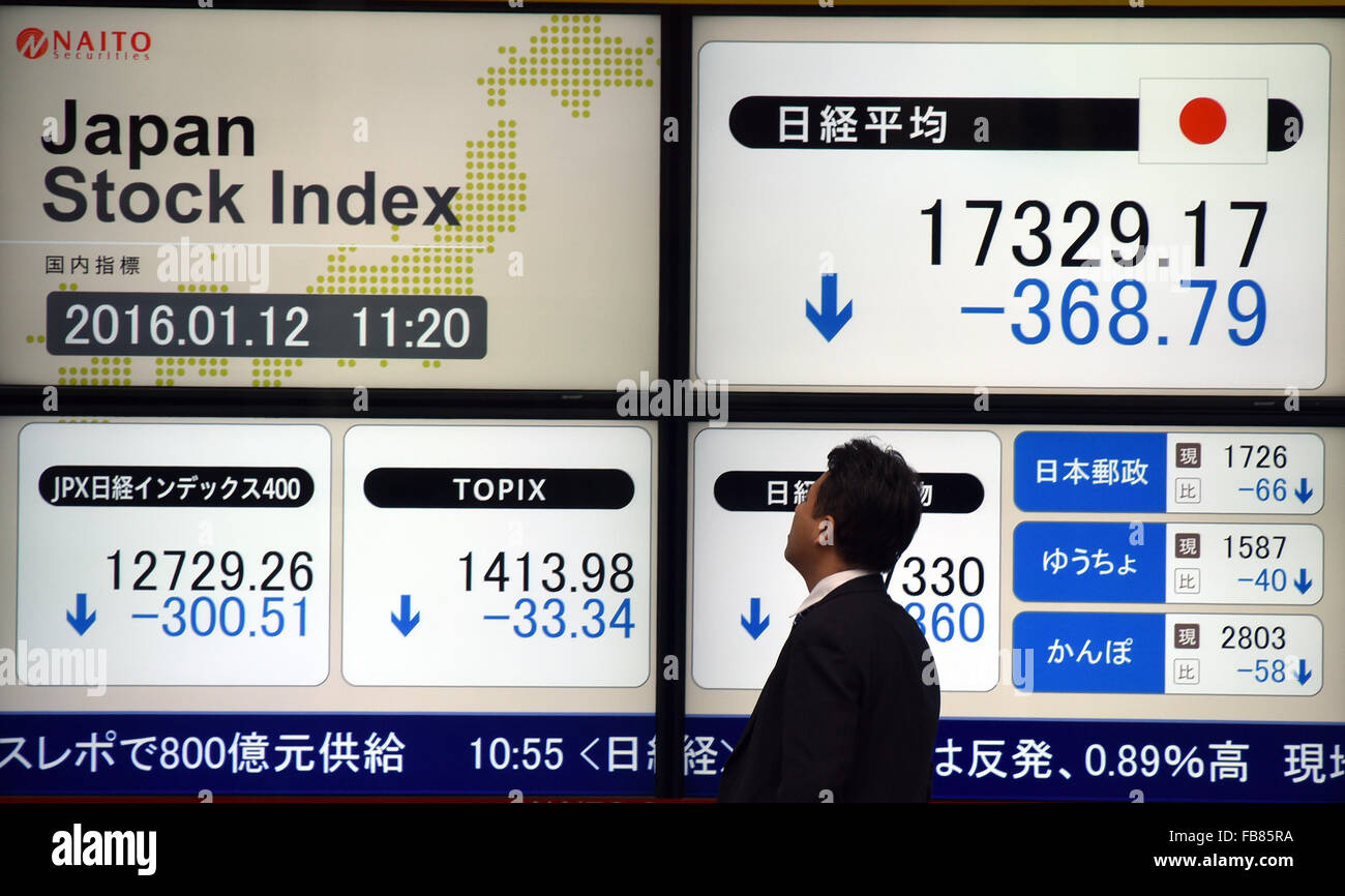 Tokyo, Japan. 12th Jan, 2016. Japanese stocks tumble more than two ...