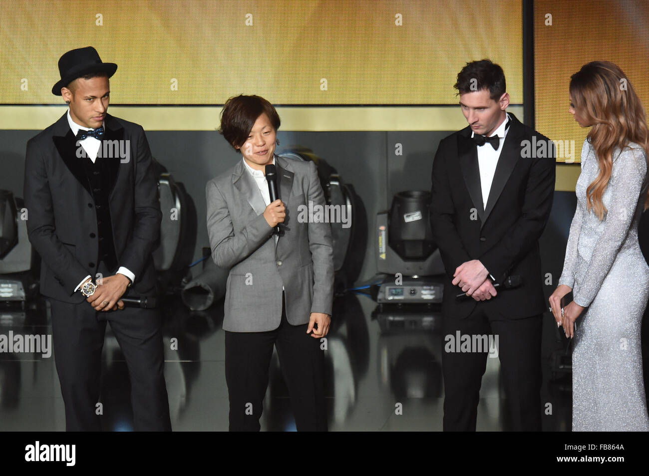 Zurich, Switzerland. 11th Jan, 2016. (L-R) Neymar, Aya Miyama, Lionel ...