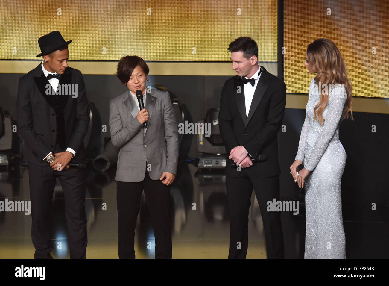 Zurich, Switzerland. 11th Jan, 2016. (L-R) Neymar, Aya Miyama, Lionel ...
