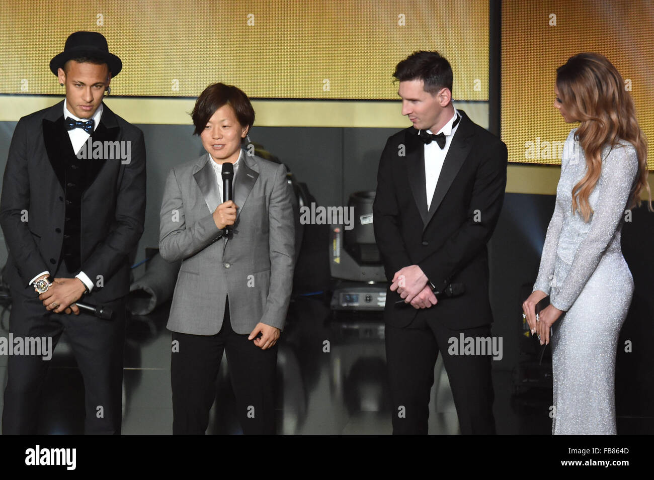 Zurich, Switzerland. 11th Jan, 2016. (L-R) Neymar, Aya Miyama, Lionel ...