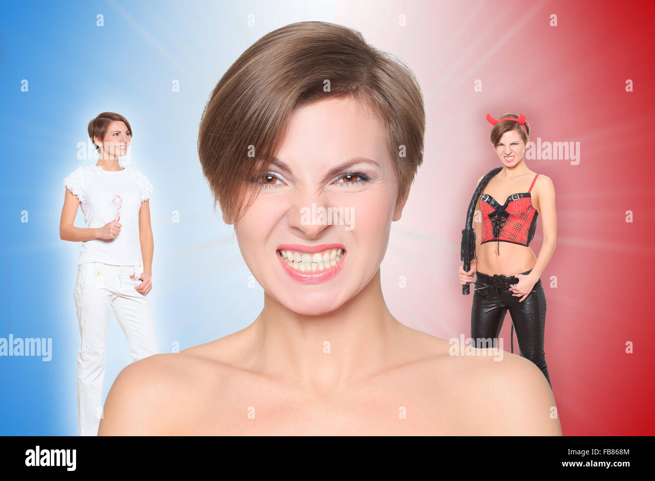 concept, angel and demon. portrait angry girl. good and evil, screaming ...