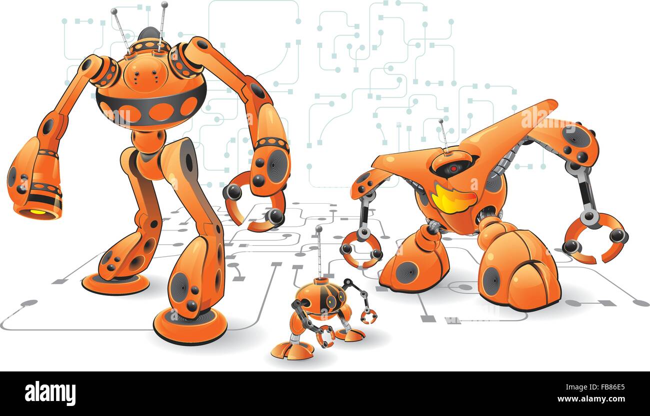 A set of orange robots, created as part of an internet robot series, a ...