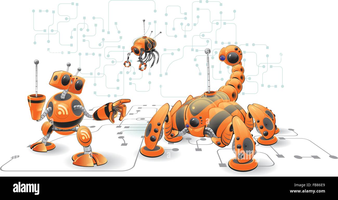 A set of orange robots, created as part of an internet robot series, a ...