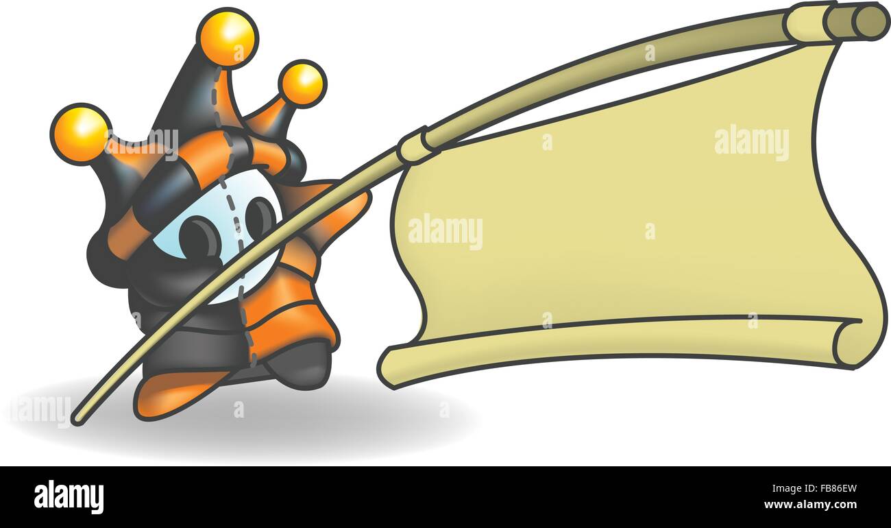 Little jester or joker character holding a sign suspended from a pole ...