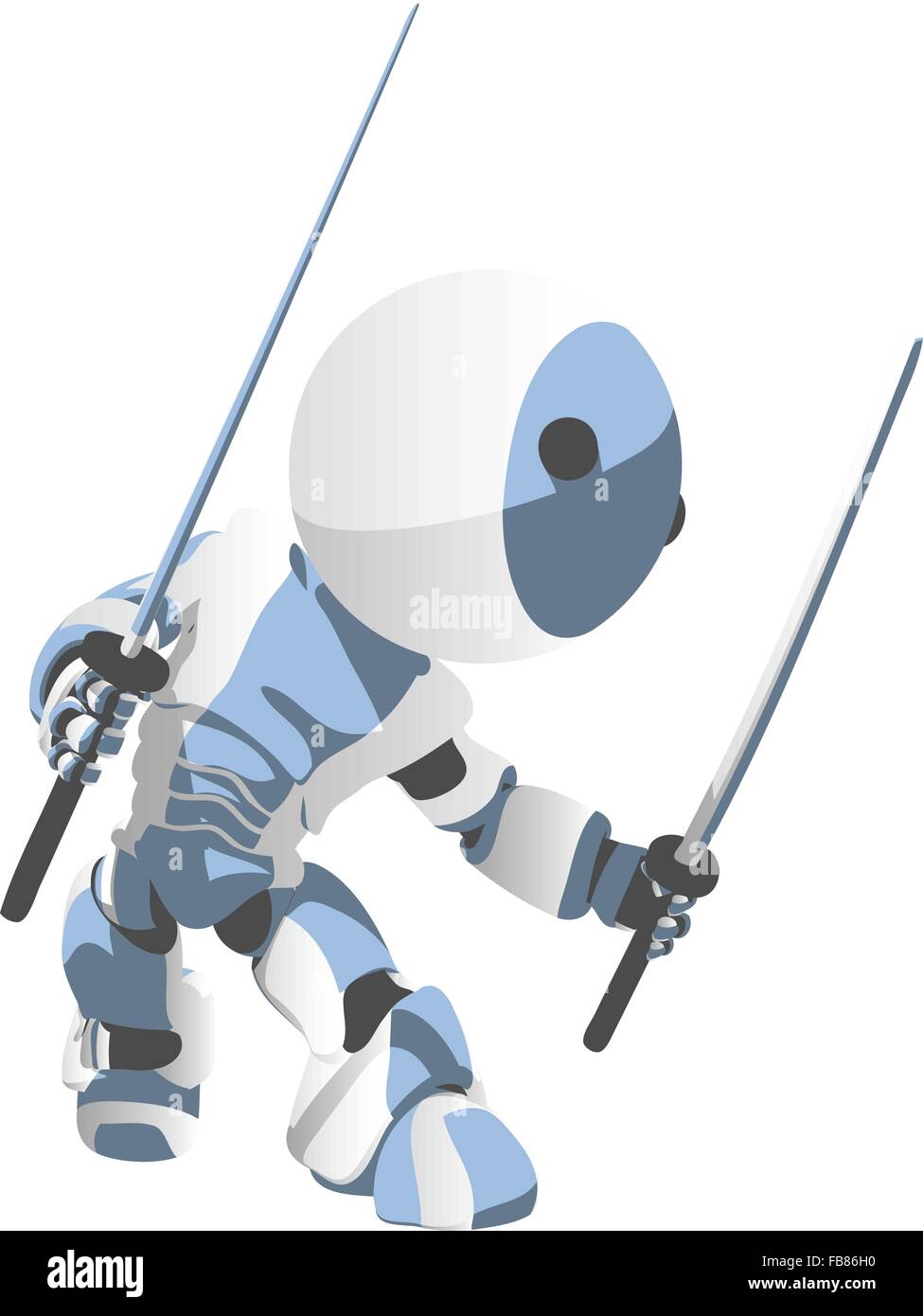 A blue cartoon robot ninja in a defensive pose with two katanas Stock ...
