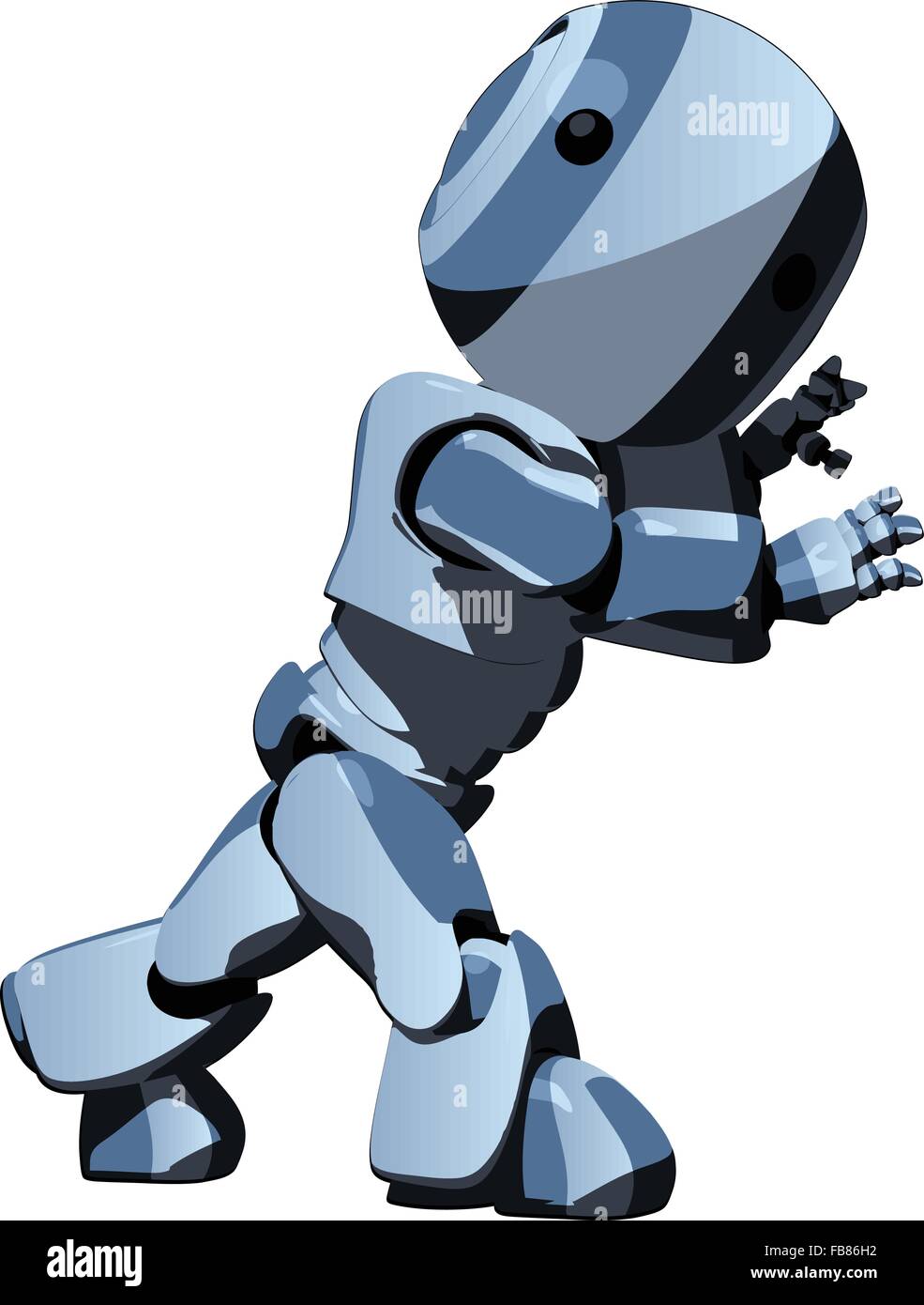 A shiny blue robot pushing an invisible object. He can be conveniently ...