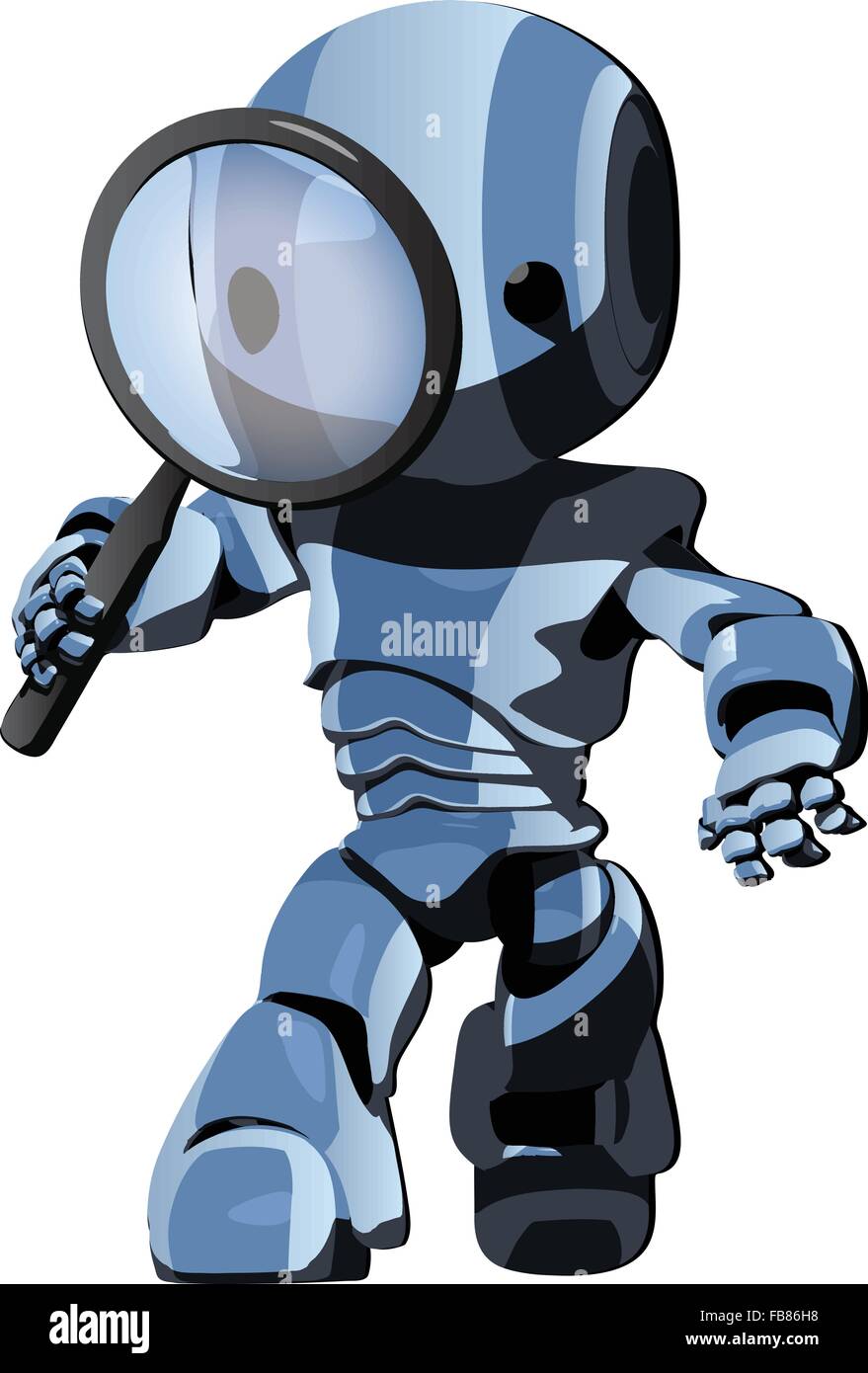A glossy blue robot looking through a magnifying glass, meant to be a ...