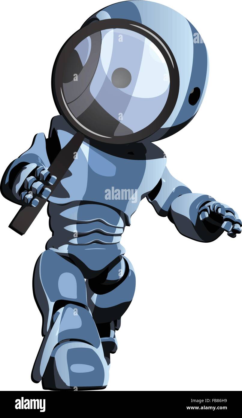 A glossy blue robot looking through a magnifying glass, meant to be a ...