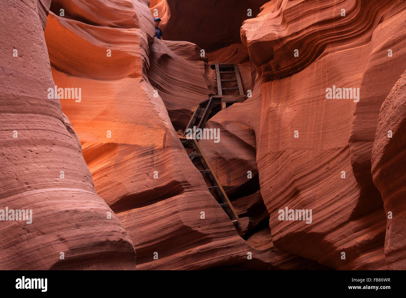 Sandstone formations, stairs descending into Lower Antelope Canyon ...