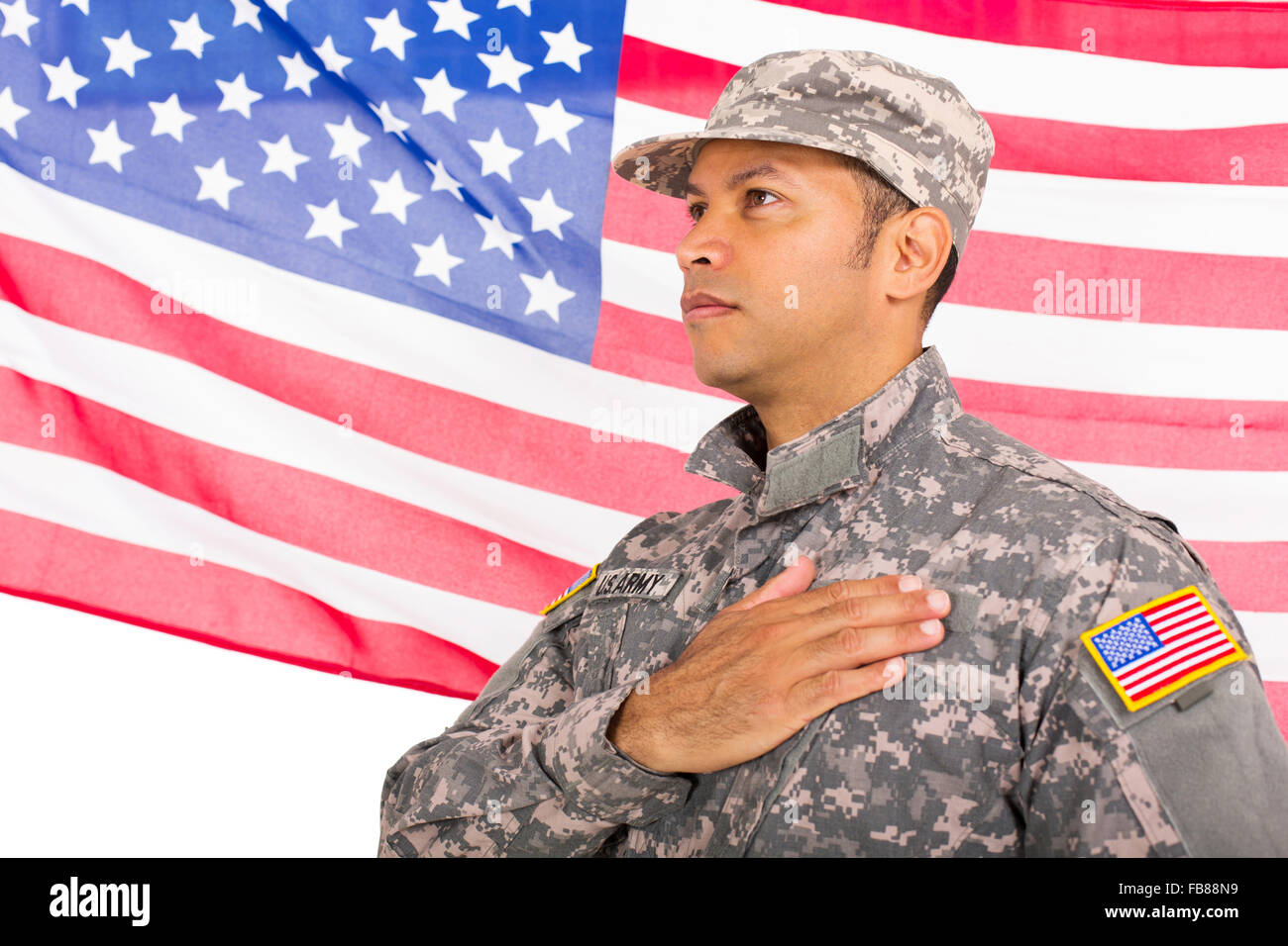 handsome American patriotic soldier with usa flag on background Stock ...