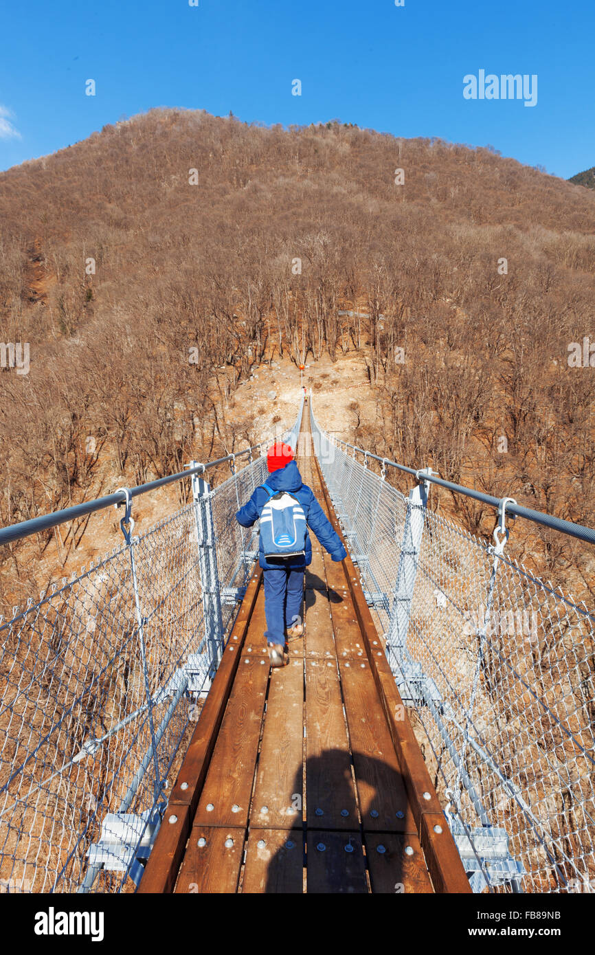 Mountain landscape with suspension bridge over the valley Stock Photo ...