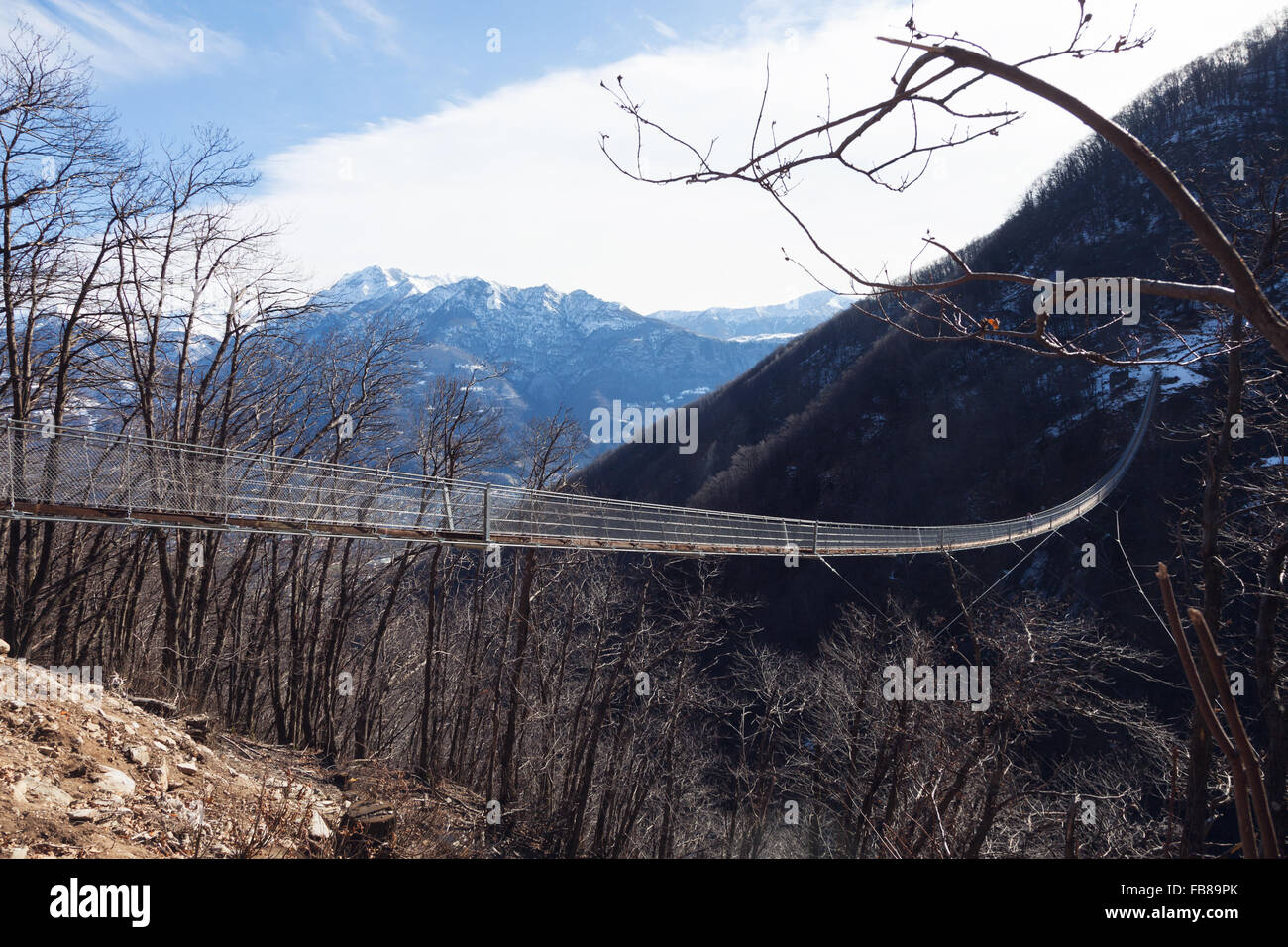 Landscape with suspension bridge over the valley. Bridge made of steel ...
