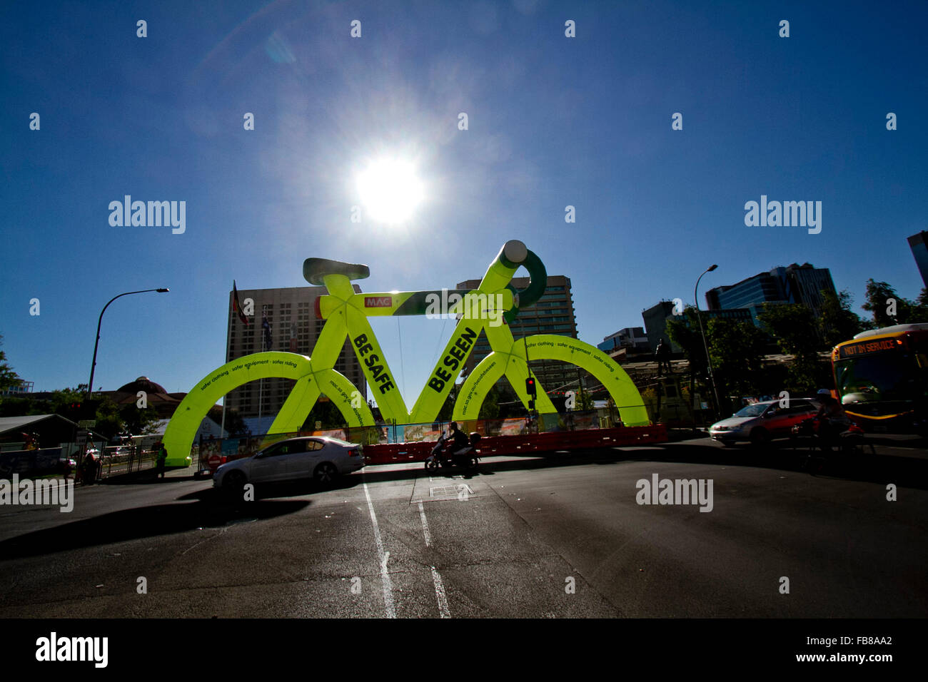 Adelaide Australia. 12 Jan 2016. A giant inflatable bicycle dominates ...
