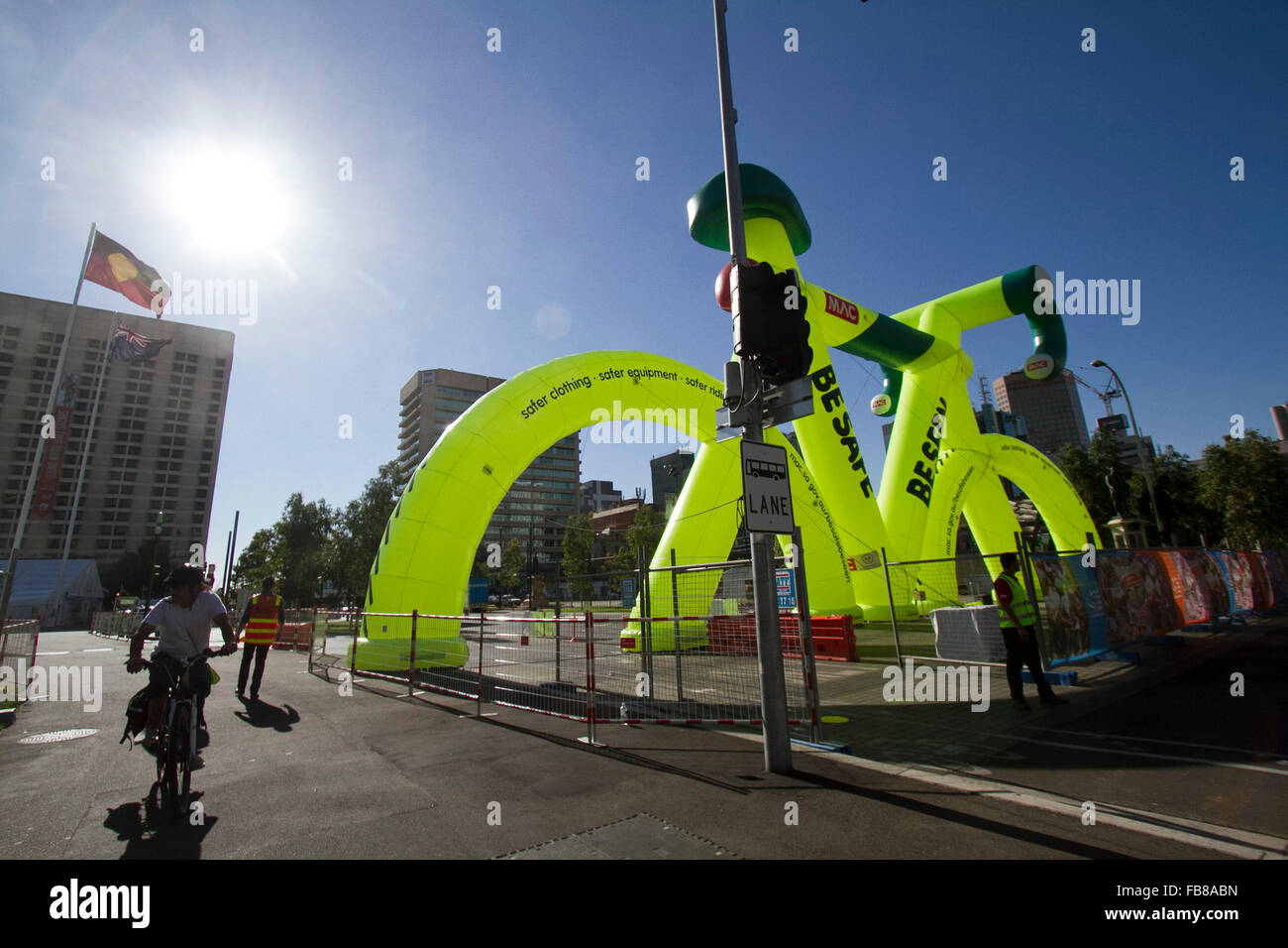 Adelaide Australia. 12 Jan 2016. A giant inflatable bicycle dominates ...