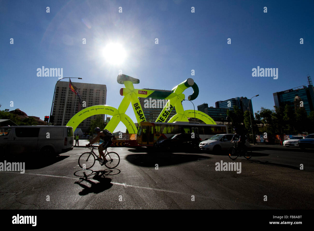 Adelaide Australia. 12 Jan 2016. A giant inflatable bicycle dominates ...