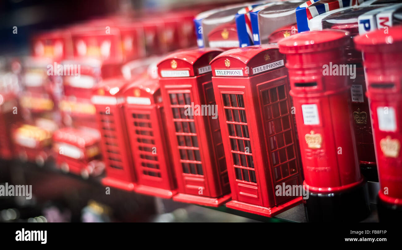 Various red iconic, nostalgic British items for sale in tourist shop ...