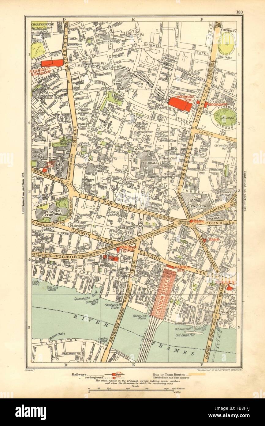 LONDON: City: Barbican, Moorgate, Bank, Cannon Street, 1928 vintage map ...