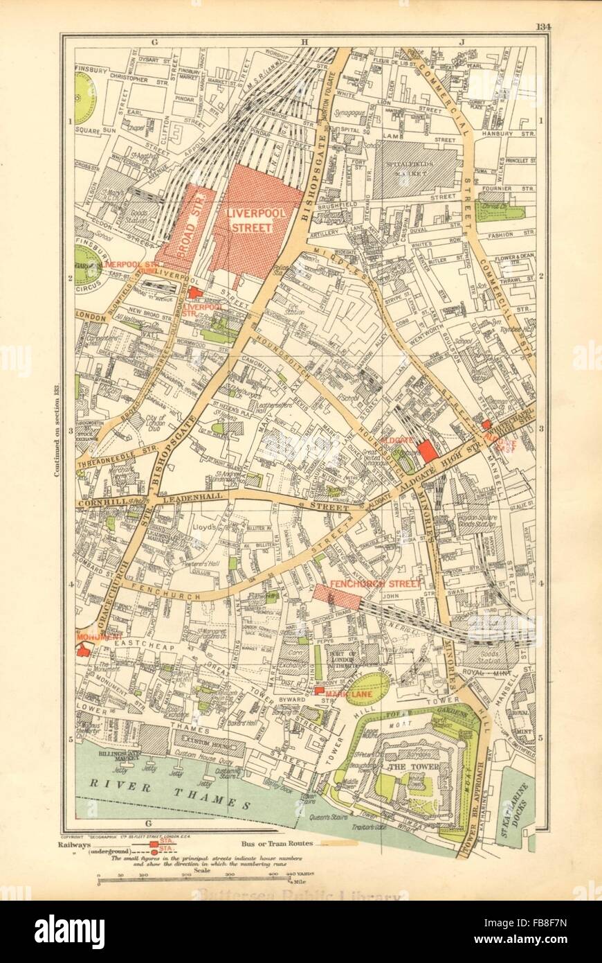 LONDON: City: Tower, Liverpool Street, Bishopsgate, 1928 vintage map ...