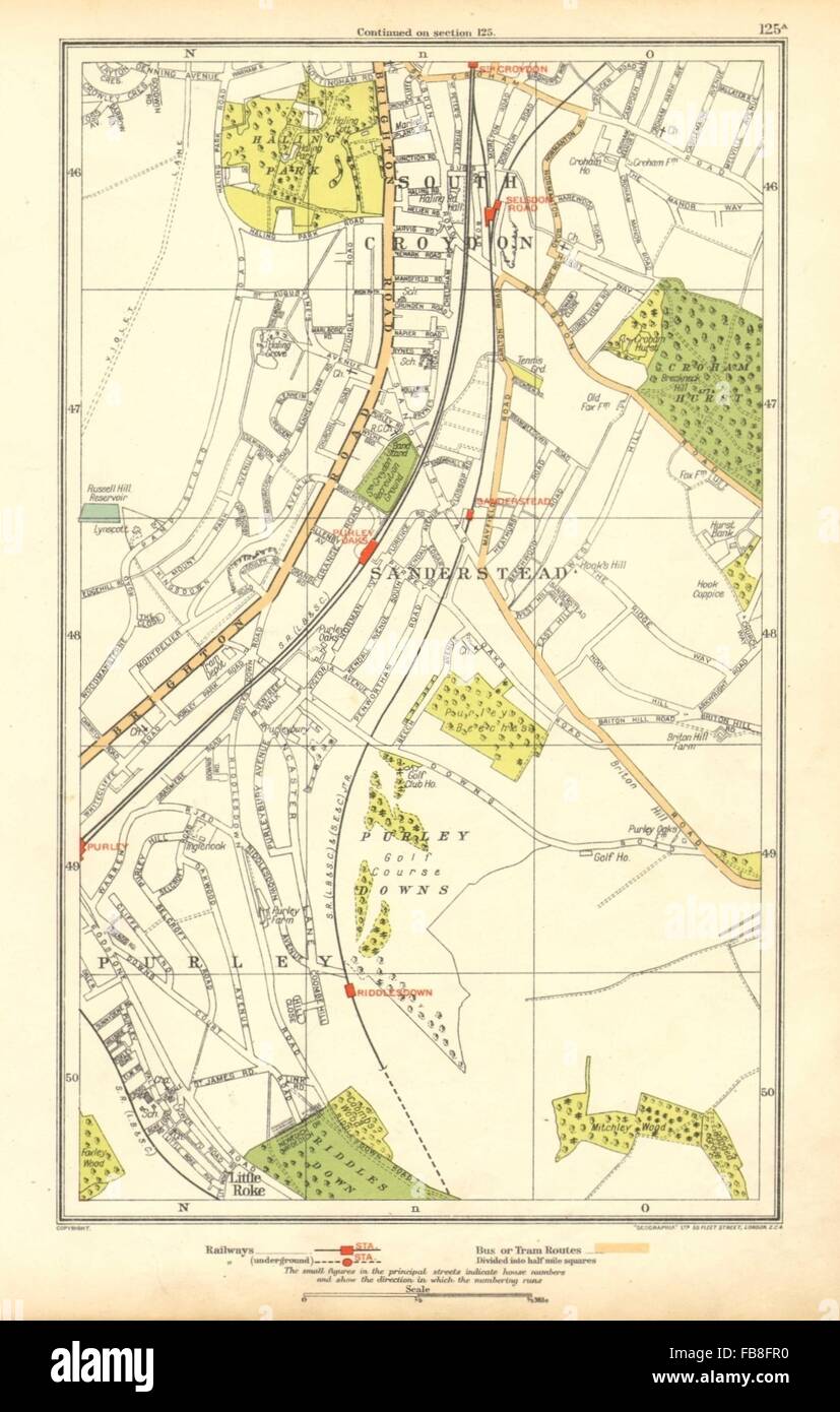 PURLEY: South Croydon, Sanderstead, Riddlesdown, 1928 vintage map Stock ...