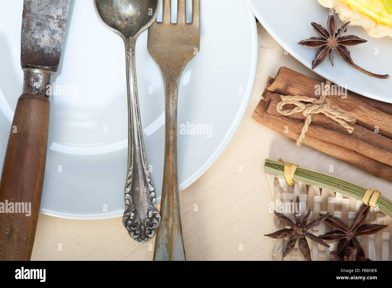 rustic table set and spices knife spoon fork view from top Stock Photo ...
