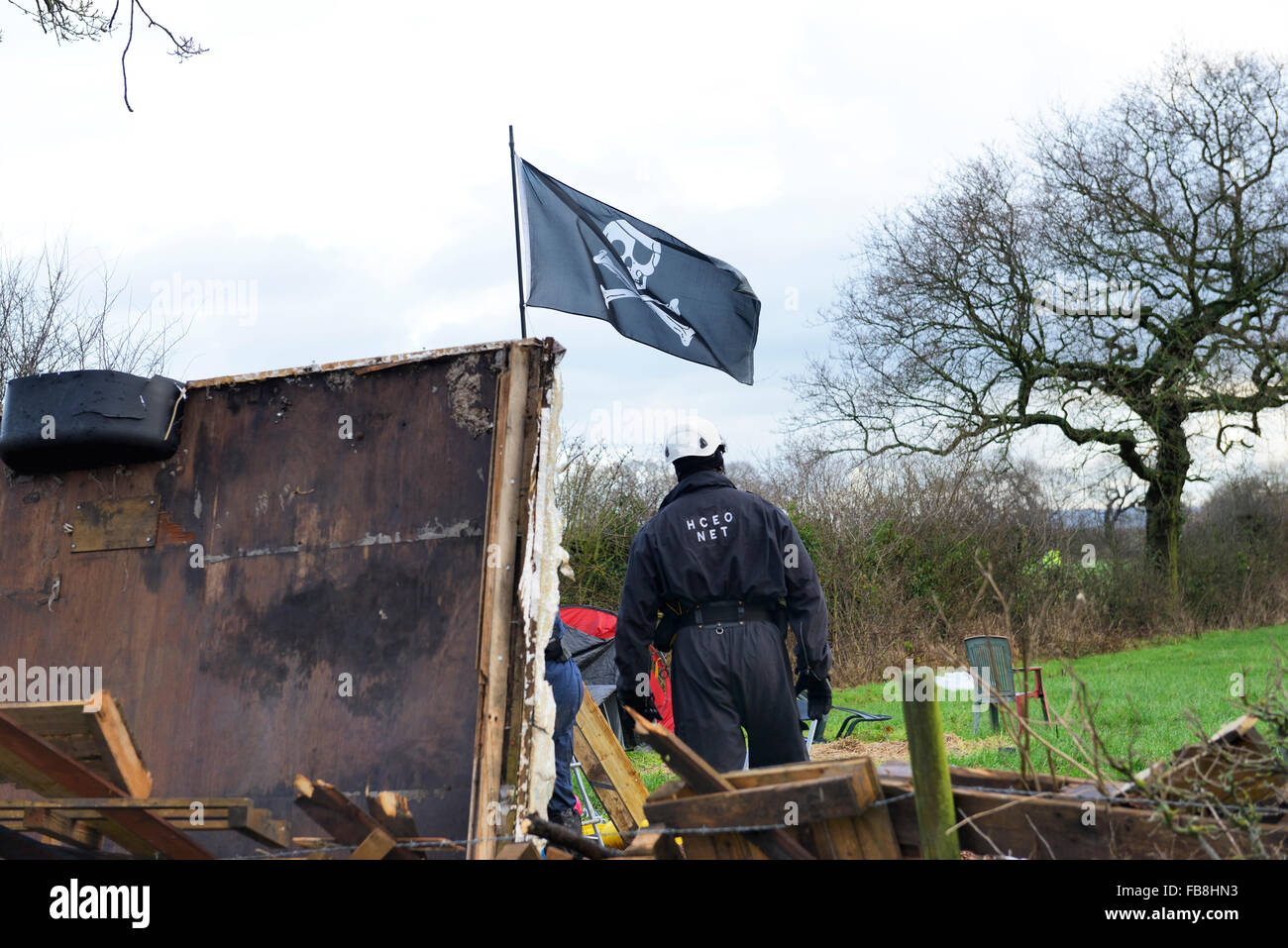 Chester, UK. 12th January, 2016. A bailiff stands by a pirate flag ...