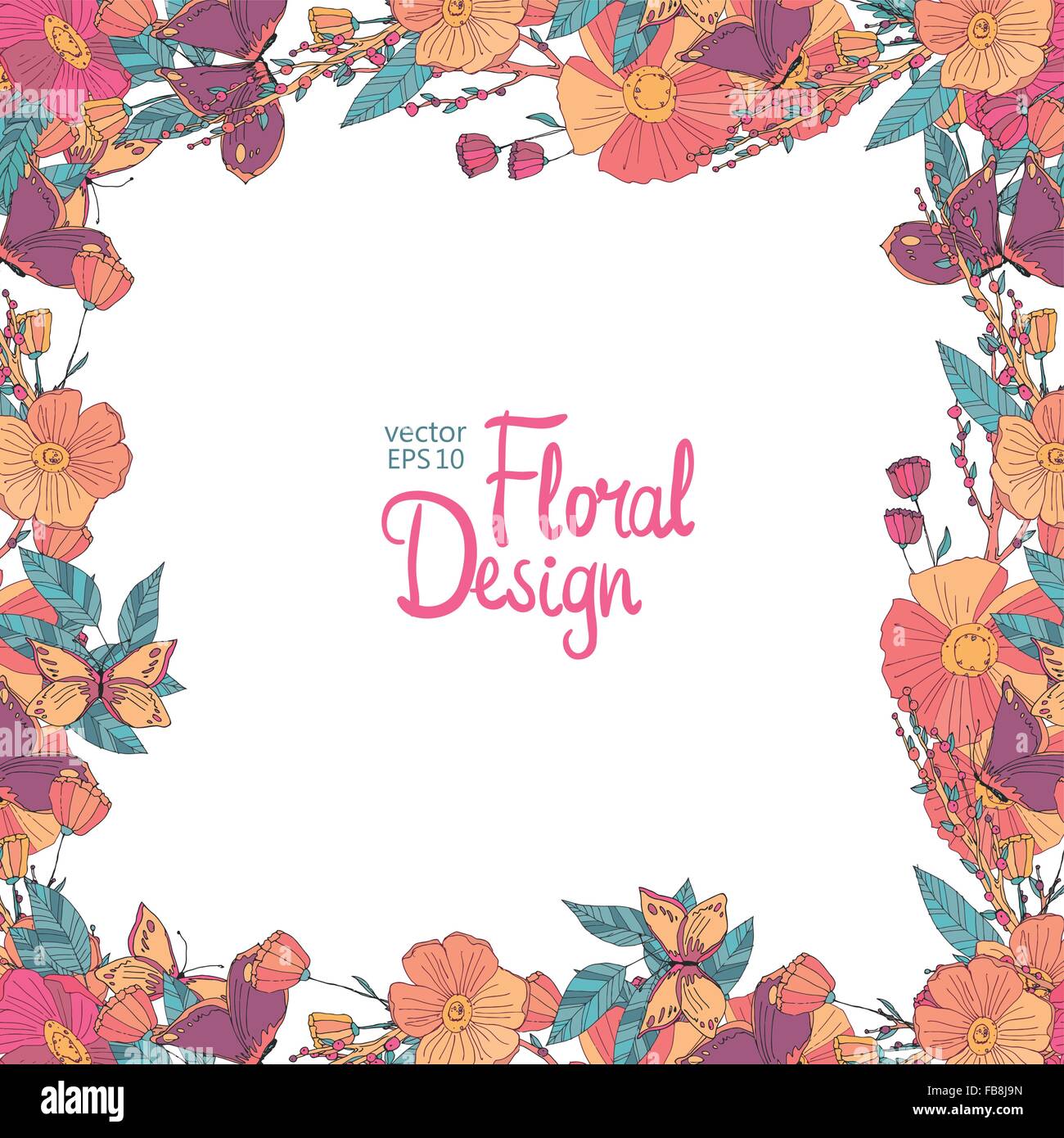 Floral frame with flowers berries and butterfly Stock Vector Image ...