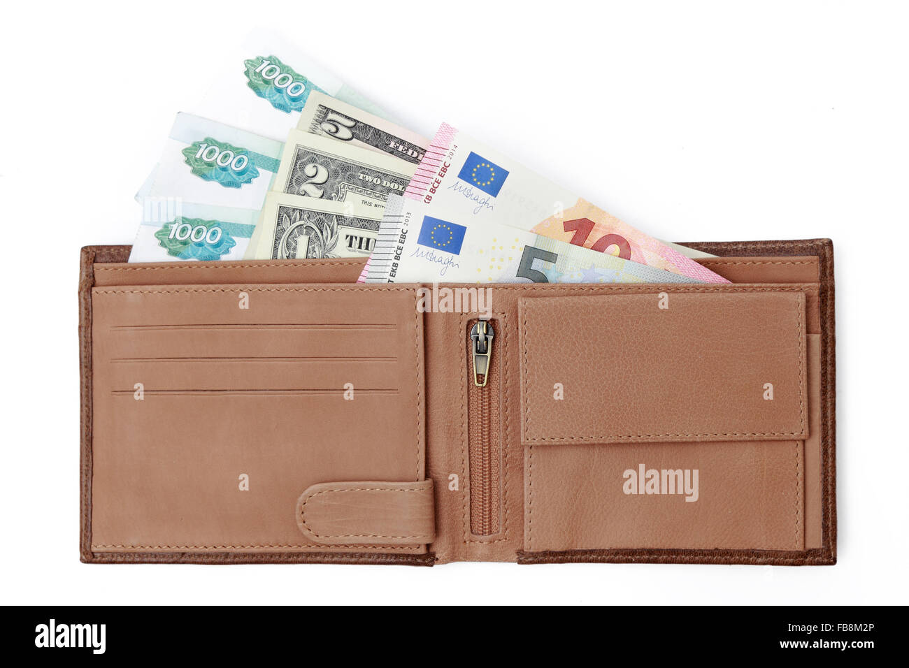 Money in brown wallet Stock Photo - Alamy
