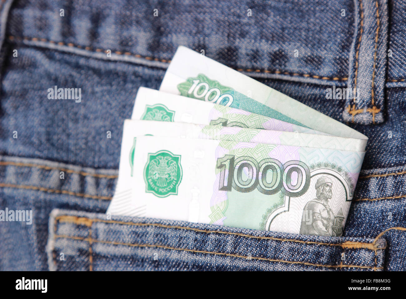 Russian money rubles in blue jeans pocket as a top view image Stock ...