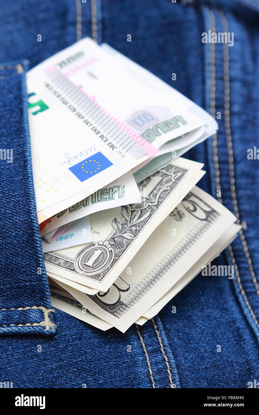 Dollars, euro and russian rubles in jeans pocket Stock Photo - Alamy
