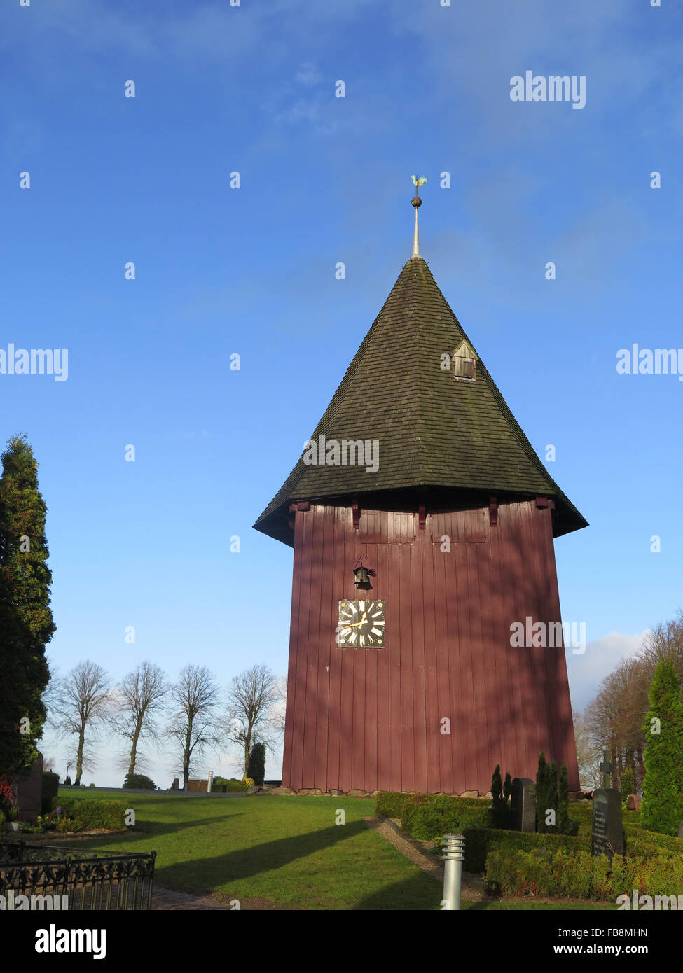 Broager church wooden clock tower, Denmark Stock Photo - Alamy