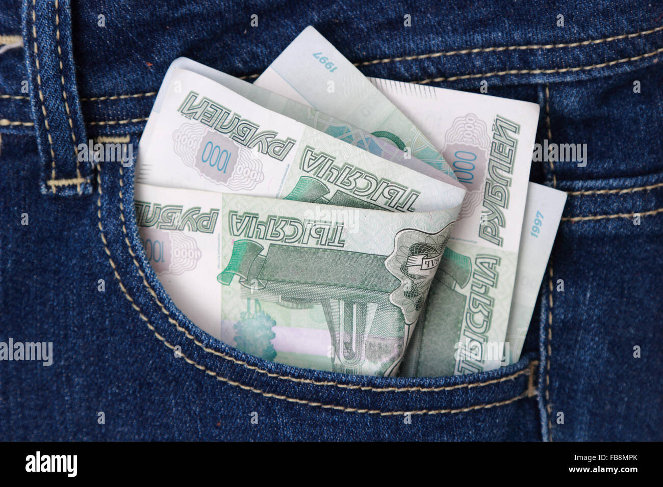 Russian money rubles in blue jeans pocket as a top view image Stock ...