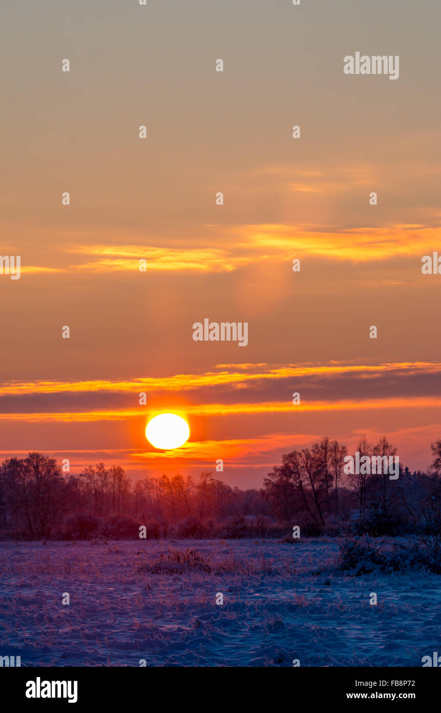 sunrise at snowy frosty field cold temperature Stock Photo - Alamy