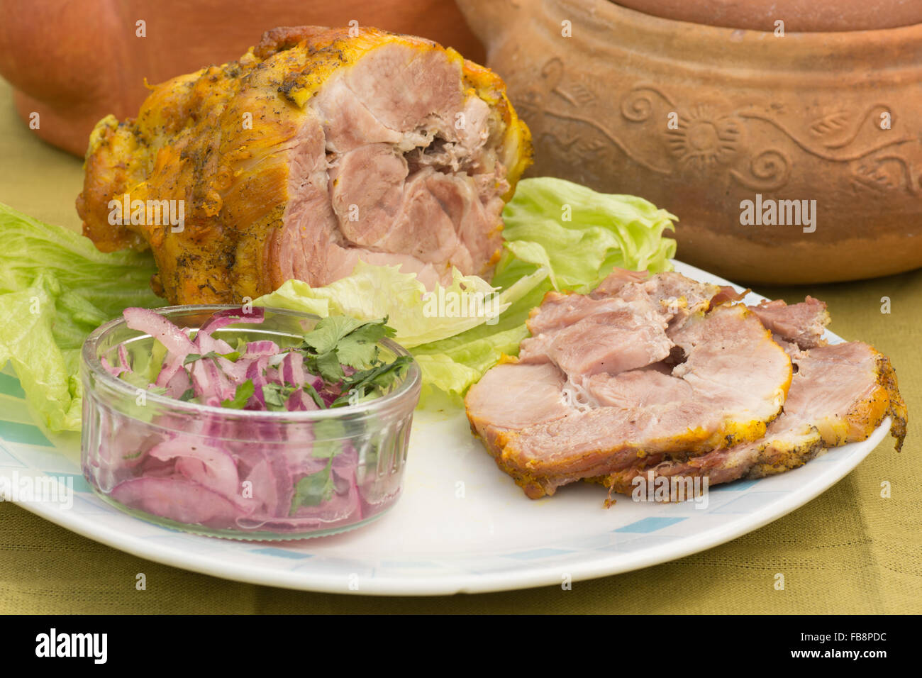 Slices of Peruvian cooked ham used for butifarra with 'salsa criolla ...