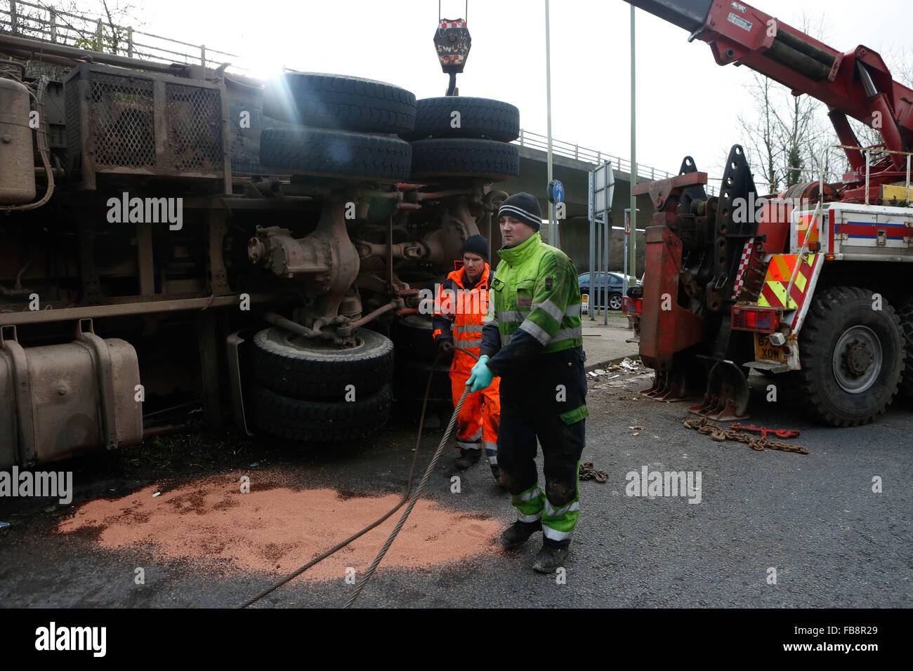 Fareham, Hampshire, UK. 12th January 2016. A refuse lorry overturned at ...